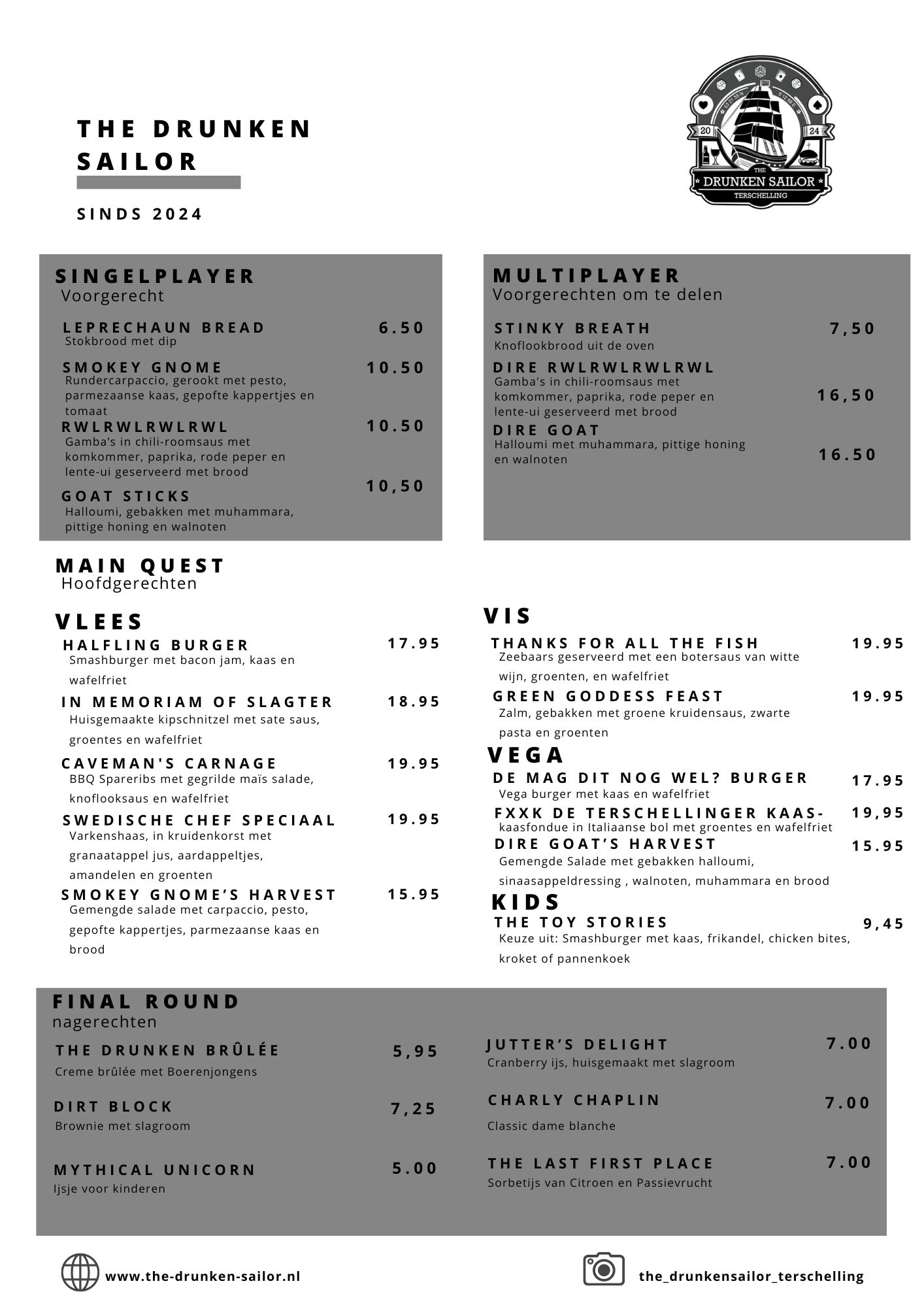 Menu kaart The Drunken Sailor